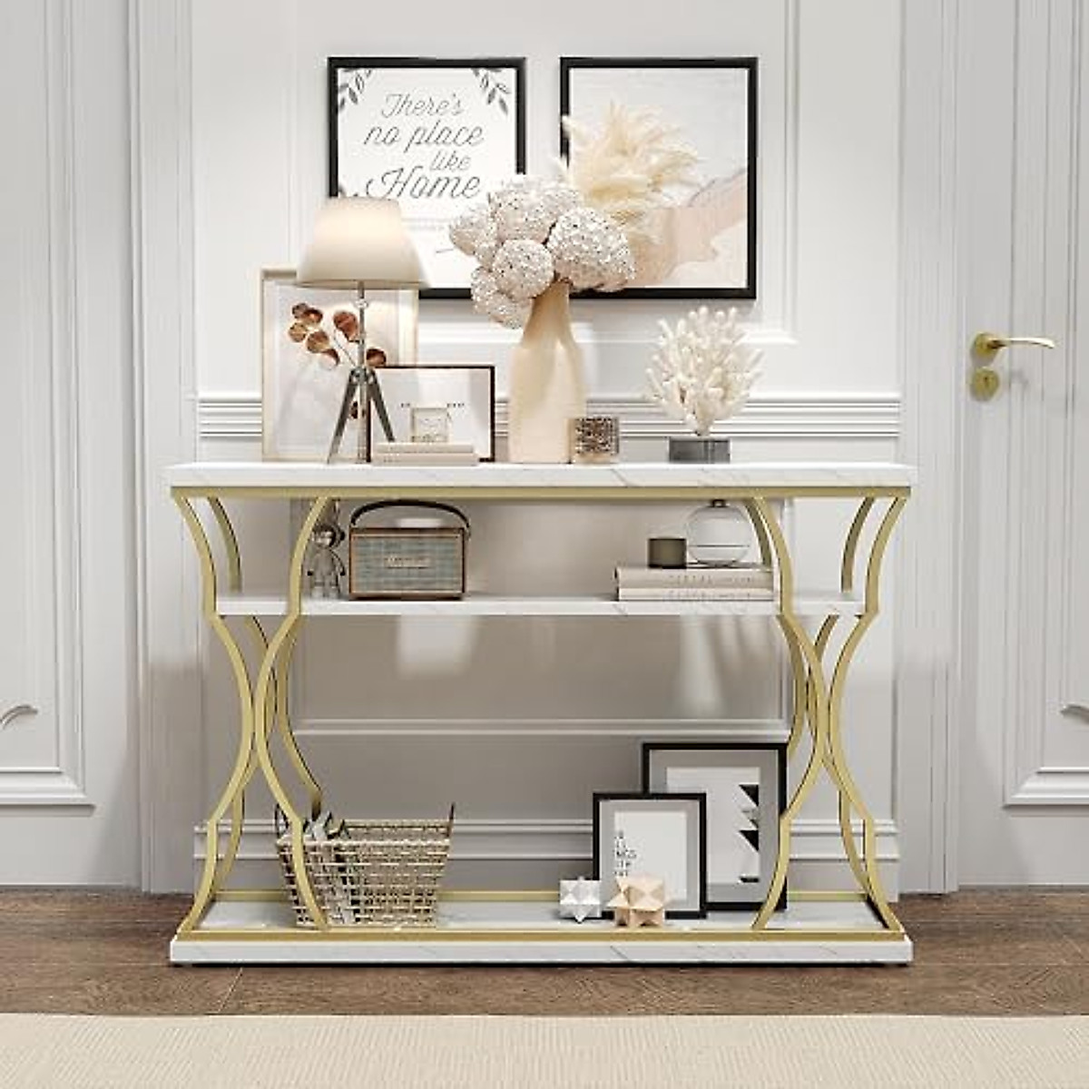 Modern Console Table Entryway, 47.24" Faux Marble Narrow Sofa Table Free Combine Two Different Shape for Hallway Entrance Hall Foyer Corridor Living Room Gold Base (Gold)