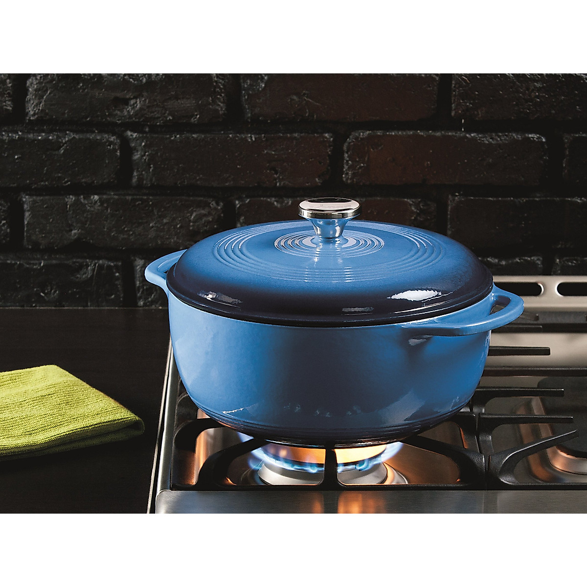 Lodge EC6D33 Enameled Cast Iron Dutch Oven, 6-Quart, Blue & Cast Iron Skillet with Red Silicone Hot Handle Holder, 12-inch