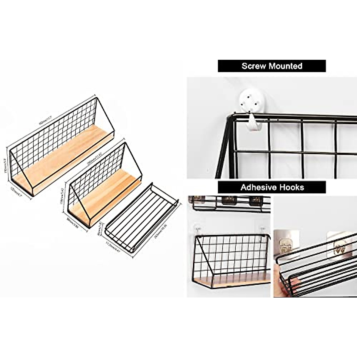 Livabber Floating Shelves Wall Mounted,Home Office Decor- 2 Rustic Arrow Design Wood Storage Metal Shelves Wall Mounted+Adhesive Shower Caddy Basket Shelf for Bathroom, Kitchen, 2 Pack (Large & Small)