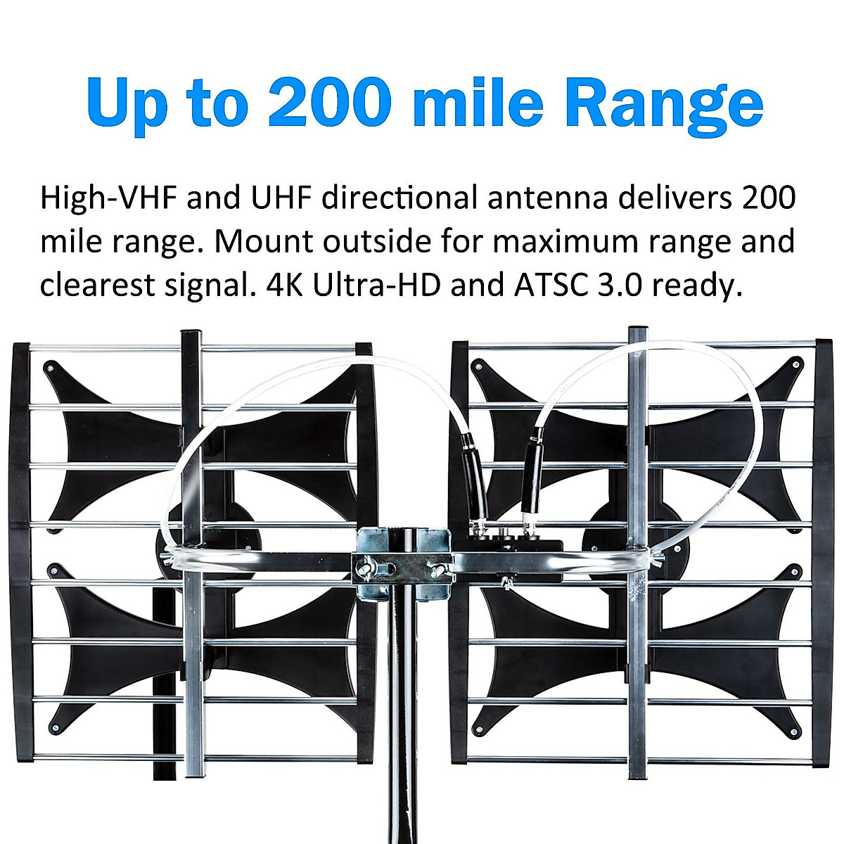 Five Star Multi-Directional 4V HDTV Antenna - up to 200 Mile Range, UHF/VHF, Indoor, Attic, Outdoor, 4K Ready 1080P FM Radio, Supports 4 TVs Plus Installation Kit and Mounting Pole