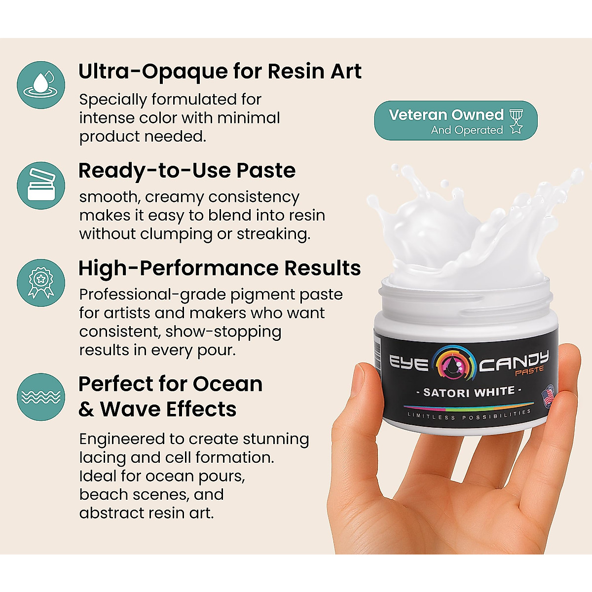 Eye Candy White Resin Pigment Paste"Satori White" (3 oz Paste / 4 oz Jar) | Create Cells and Lacing | Epoxy, Resin Art Paste | Highly Pigmented