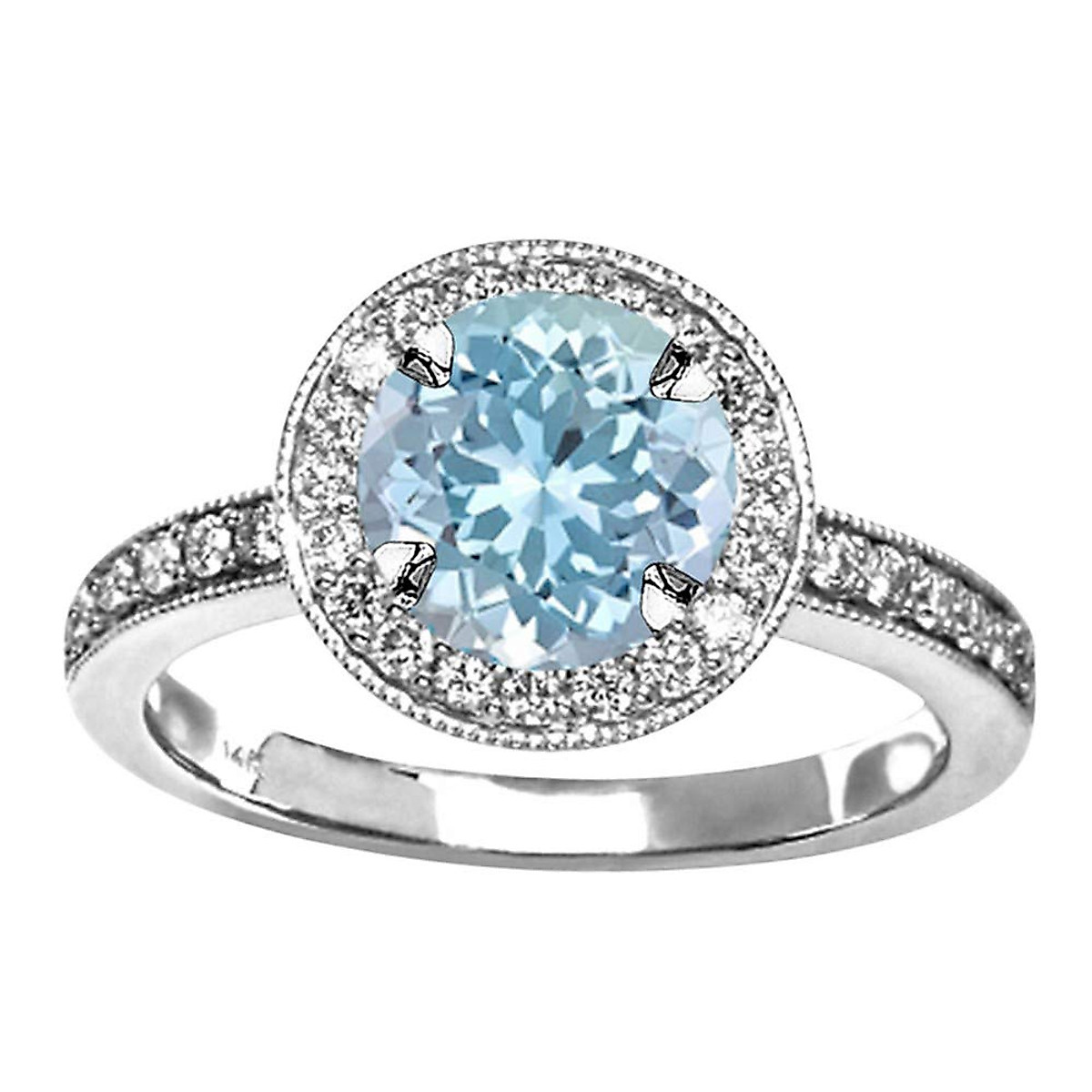 Houston Diamond District 1.35 Carat t.w- 14K White Gold Halo Style Vintage Engagement Ring With Milgrain 1 Round Cut Blue Aquamarine Heirloom Quality