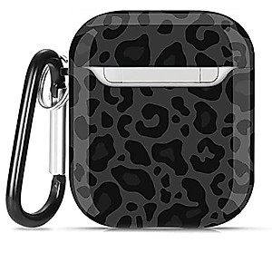 Leopard Airpods Case for Women, Olytop Cute Cheetah Print Airpod Case Cover for Apple AirPods 2&1 Charging Case, Shockproof Protective Cover Skin Shell Girls with Keychain- Black/Grey Leopard