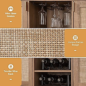 SICOTAS Coffee Bar Cabinet, 51" Rattan Sideboard Buffet Cabinet with Storage, Boho Farmhouse Liquor Cabinet with Wine Racks Credenza Console Buffet Table for Home Living Dining Room Entryway, Natural