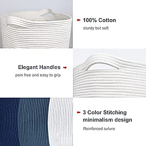 BOSROTY Extra Large Blanket Basket, Tall Laundry Basket, Laundry Hamper, Large Storage Basket, 15.7”x 21.7”,Cotton Rope Basket, Woven Basket, Toy Basket, Clothes Baskets, White&Cadet Blue&Navy Blue