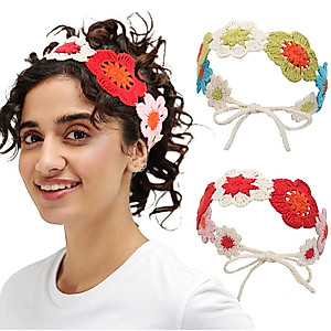 Ufgin HAIRBAND for Women - Handmade Crochet Headband, Adjustable Hippie Hair Bandanas, Boho Headbands, Knit Hair Bands - 2 Count (Red, Green)