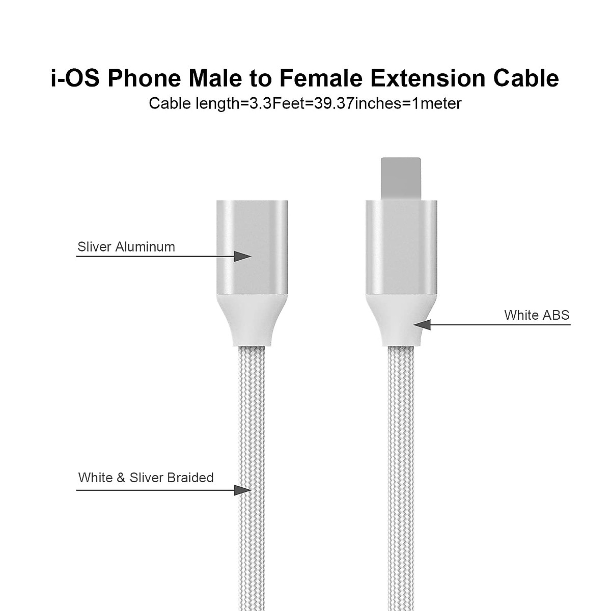 EMATETEK Braided i-Phone Extension Cable Pass Video Audio Music Photo Data, Charge. 1PCS 3.3Feet Male to Female i-Phone Extender Cord Made of Sliver Aluminum & White Braided.(3.3Feet)