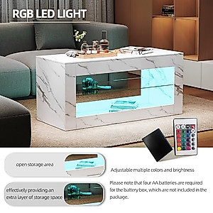 Coffee Tables for Living Room, Modern High Gloss Marble Print Center Table with Glass Open Storage and LED Lights - Stylish Home Decor for Coffee and More, White with Gloss