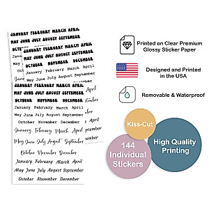 Mini Months Planner Stickers, Undated Planner, 144 Months of the Year Stickers, Decorative Planning Stickers, Clear Removable Waterproof vinyl stickers, Black Font Modern Fancy