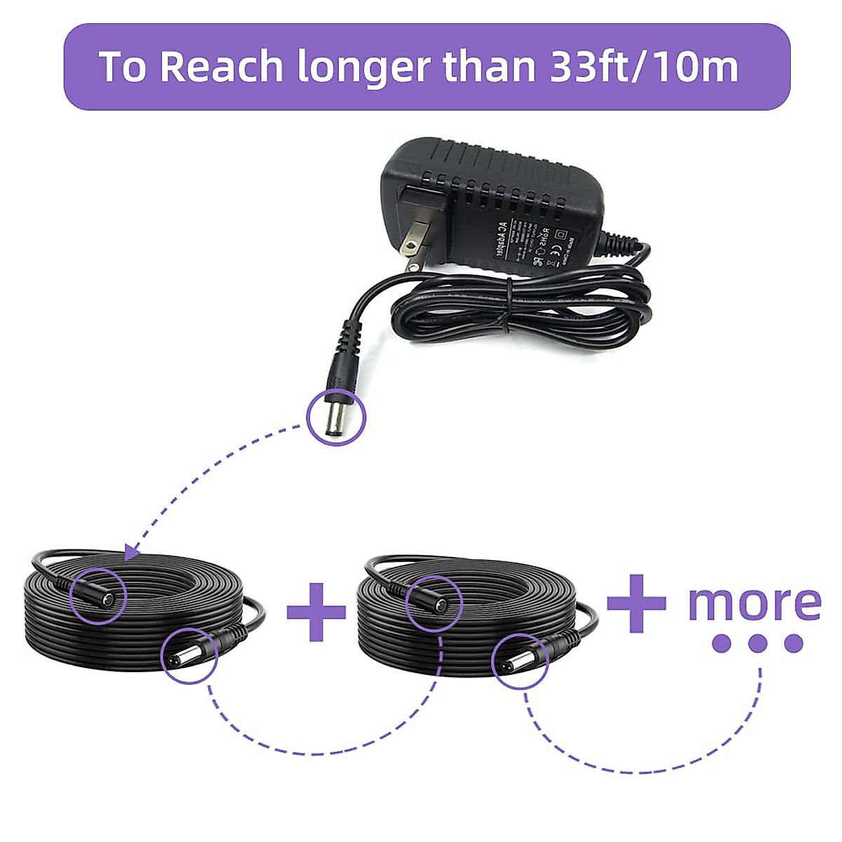 Power Extension Cable 2-Pack 33Feet 5.5mm x 2.1mm 12 Volt Male to Female Plug Cord for CCTV IP Security Camera DVRs and More Devices Black