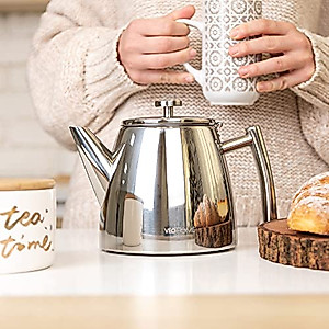 VeoHome Stainless Steel Tea Pot with Infuser - Keeps Heat Thanks to its Double Wall, Silver (1 Liter (34 oz))…