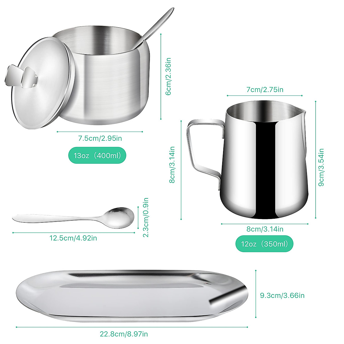 Worldity Stainless Steel Sugar and Creamer Set, Coffee Sets for Serving, Latte Milk Cup Cream Jug and Sugar Bowl with Lid Spoon Tray for Coffee Bar