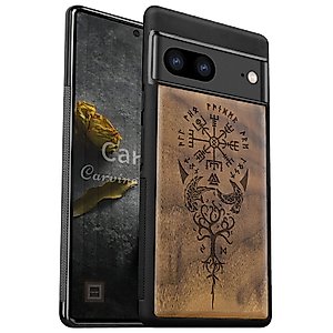 Carveit Wood Case for Pixel 7 Case [Natural Wood & Black Soft TPU] Shockproof Protective Cover Unique & Classy Wooden Case Compatible with Google Pixel 7 Case (Viking Vegvisir-Walnut)