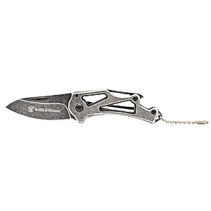 Smith & Wesson Stonewash 5.25in Stainless Steel Folding Knife with 2.25in Drop Point Blade and Handle for Outdoor Survival, Camping and EDC,Grey