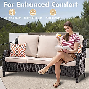 XIZZI Patio Furniture Set with Swivel Rocking Chairs,6 Pieces All Weather Wicker Outdoor Furniture with Sofa,High Back Patio Conversation Set for Balcony,Deck,and Backyard,Brown Rattan Beige
