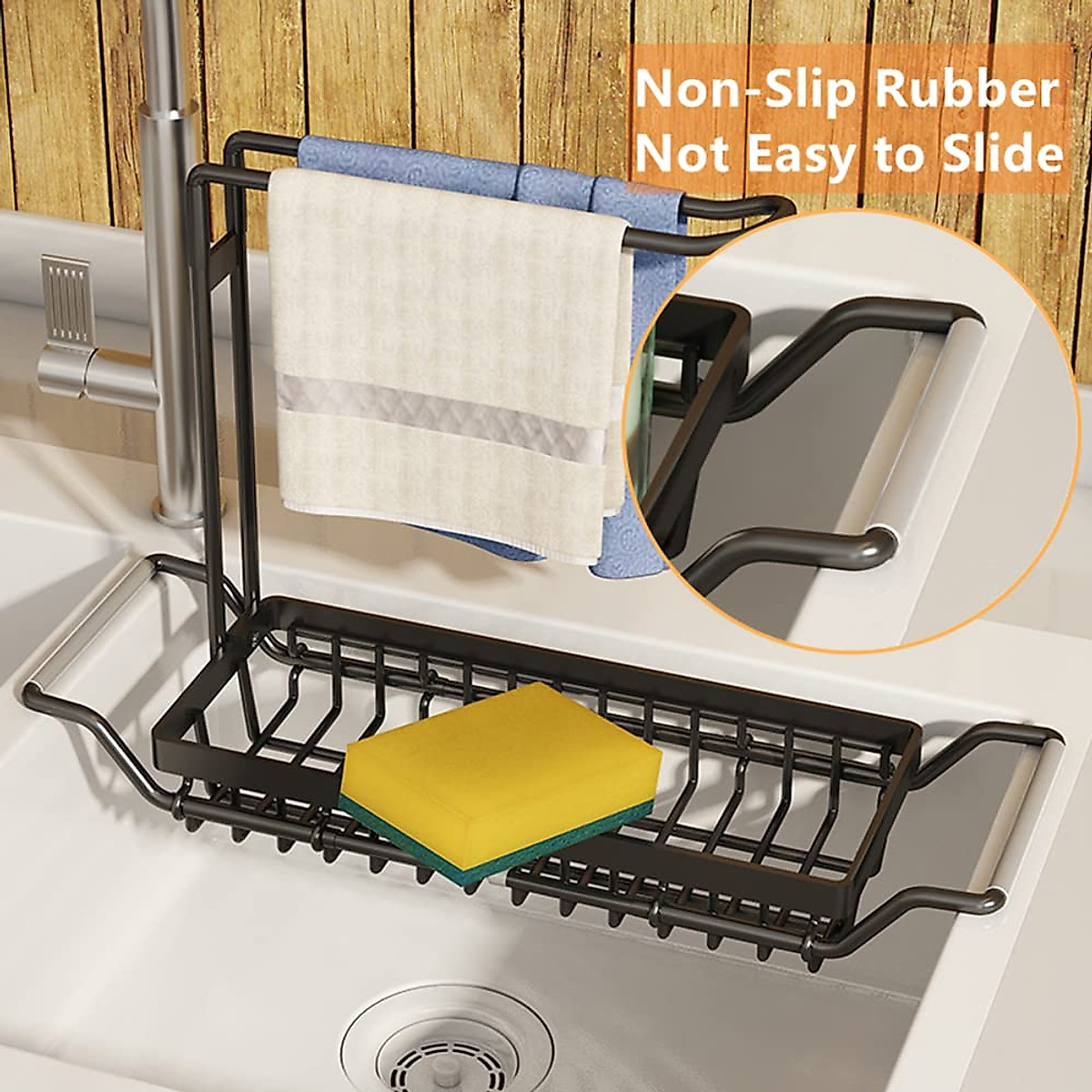 Lexza Telescopic Kitchen Sink Rack Holder,Sponge Holder with Dishcloth Drying Rack,Home Kitchen Multifunction Telescopic Sink Organizer Basket,Stainless Steel Sponge Holder for Kitchen Sink (Black)