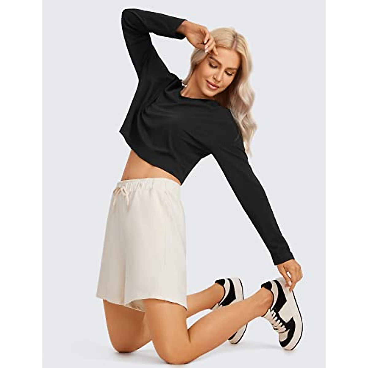 CRZ YOGA Pima Cotton Long Sleeve Shirts for Women Workout Crop Tops Loose Cropped T-Shirts Athletic Gym Shirts Black Medium