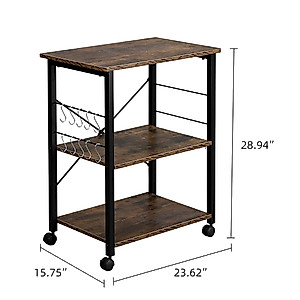 WEI WEI GLOBAL 3-Tier Kitchen Baker’s Rack, Microwave Stand Rolling Serving Cart, Industrial Storage Shelf Organizer w/ 10 Hooks & Wheels-Black Metal Frame, Rustic Brown