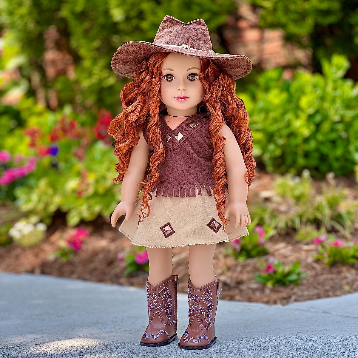 - Cowgirl - 4 Piece 18 inch Doll Outfit - Cowgirl Hat, Skirt, Top and Cowgirl Boots - (Doll Not Included)