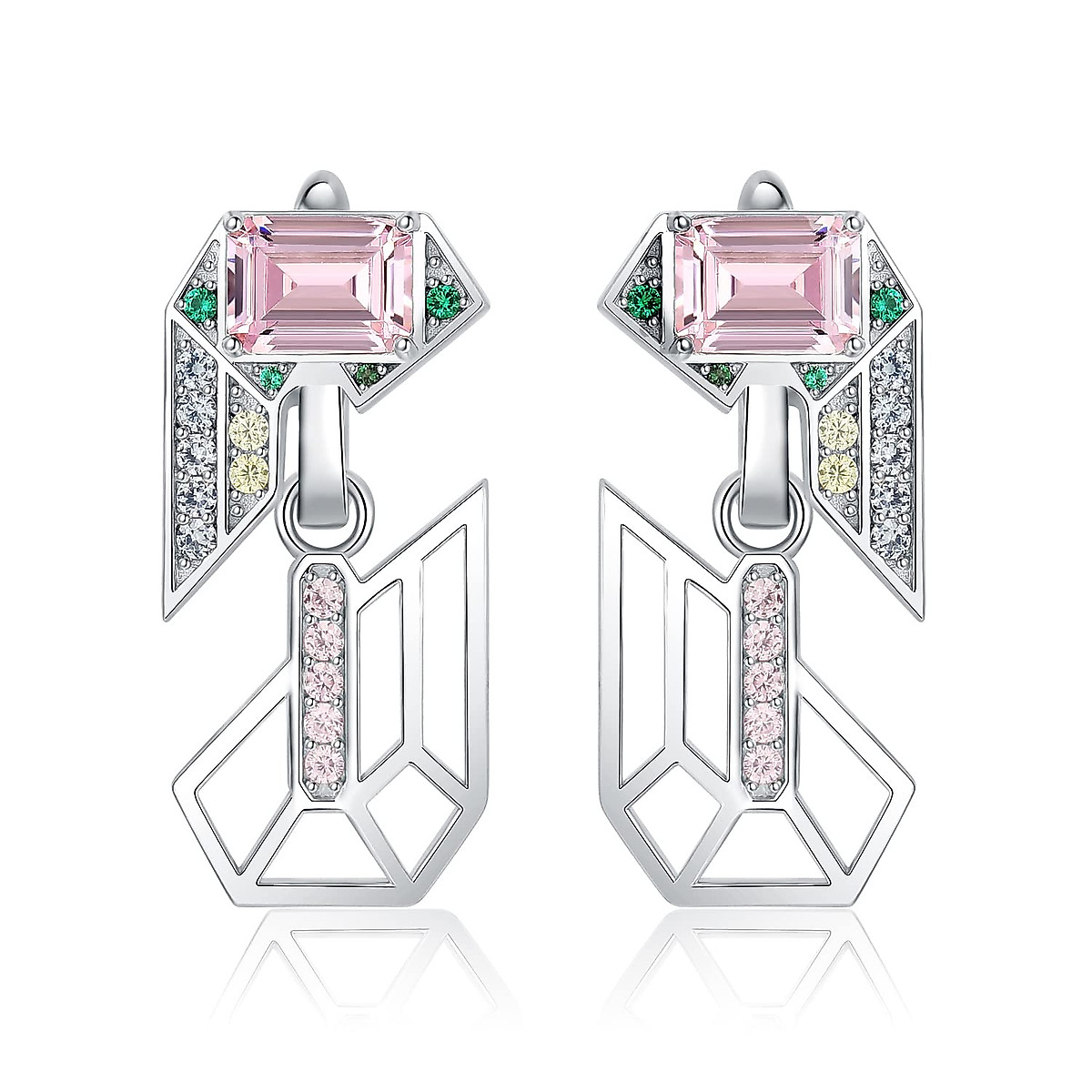 JewelryPalace Emerald Cut 6.3ct Pink Cubic Zirconia Dangle Earrings for Women, Openable geometric 925 Sterling Silver 14k Gold Plated Earrings for Her, Art Deco Gemstones Jewelry Sets for Women