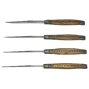 Laguiole en Aubrac Luxury Fully Forged Full Tang Stainless Steel Steak Knives 4-Piece Set with Olivewood Handle, Stainless Steel Matte Bolsters