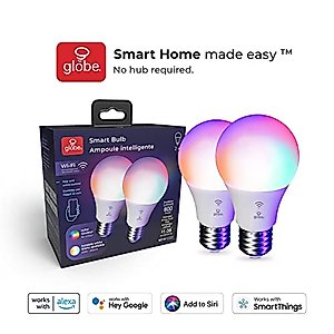 Globe Electric 34207 Wi-Fi Smart 10 Watt (60W Equivalent) Multicolor Changing RGB Tunable White Frosted LED Light Bulb 2-Pack, No Hub Required, Voice Activated, 2000K - 5000K, A19 Shape, E26 Base