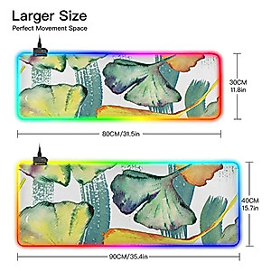 Large RGB Gaming Mouse Pad Ginkgo Biloba Leaves Pattern Glowing Extended Mousepad 35.4x15.7in, Soft Anti-Slip Rubber Base Luminous Mouse Mat for Pc Laptop, Gaming, Office, Home