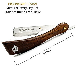 Professional Straight Edge Shaving Razor Safety - Krisp Beauty Natural Wood Handle Wet Shave Manual Shavette Razor For Men Barber Salon Quality Stainless Steel with 5 Double Edge Shaving Blades