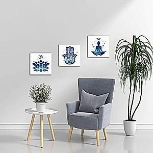 Saypeacher 3 Pieces Abstract Yoga Canvas Wall Art Blue Starry Night Pictures Lotus Flower Painting Pritns for Bedroom Yoga Room Bathroom Decor Sretched and Framed Ready to Hang 12"x12"x3pcs