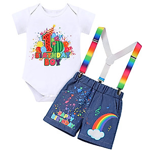 IMEKIS Watermelon 1st Birthday Outfit Baby Boy Cake Smash Romper Blue Denim Bloomers Jeans Shorts Rainbow Suspenders Photoshoot Toddler Summer Melon First Birthday Glow Party Supplies One 1 Year