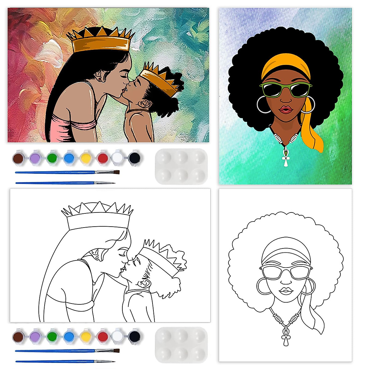 2 Pack 8x12 Canvas Painting |Pre Drawn Canvas| Pre Drawn Stretched Cotton Canvas | Afro Queen 2 |Acrylic Oil Painting Set On Canvas for Childrens & Beginners| Birthday Gift