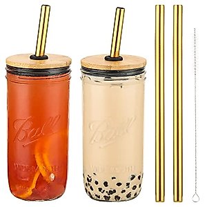 TOPZGEELY 2 Pack 24 Oz Mason Jar Drinking Glasses Cups Bamboo Lids Straws