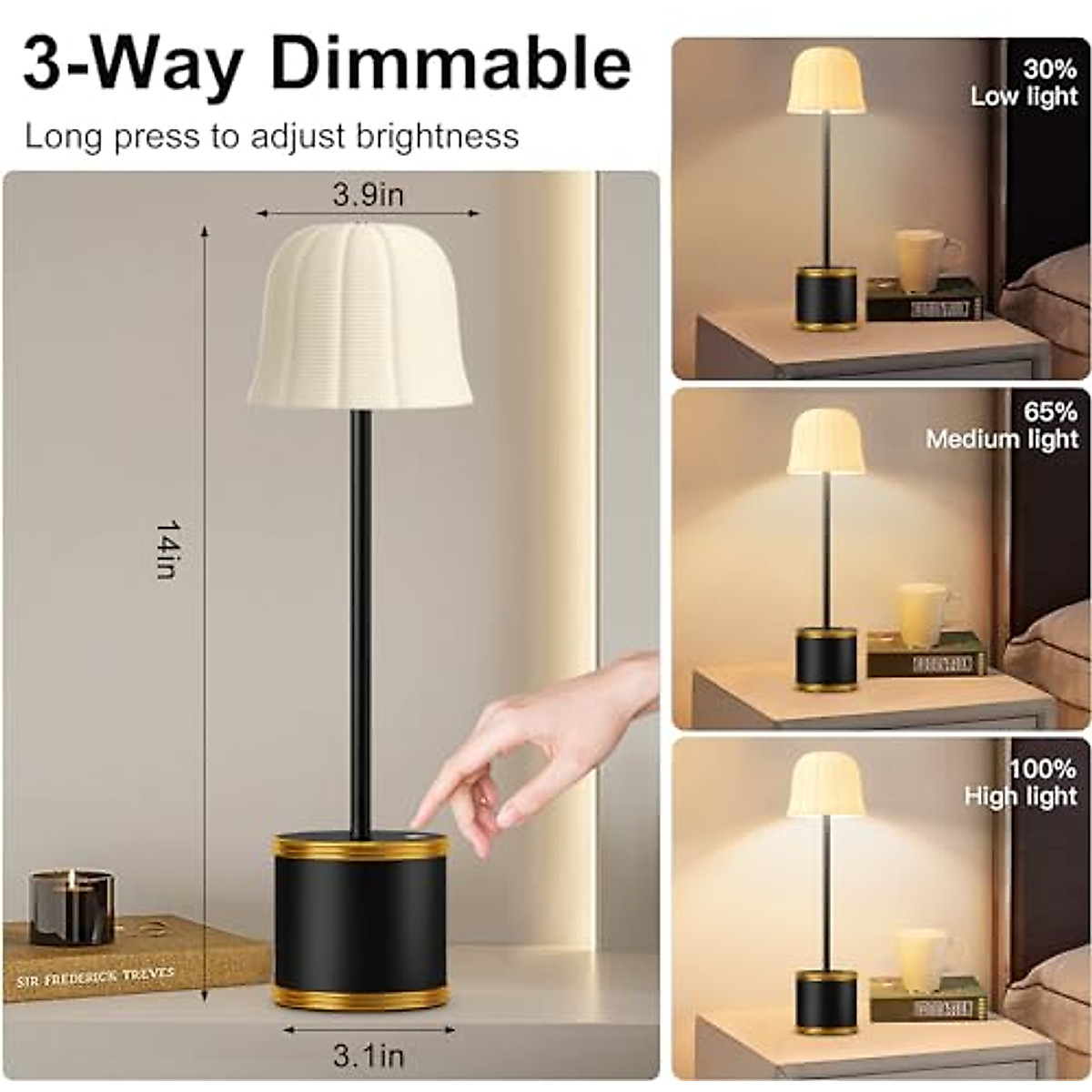 Tpczqj Cordless Table Lamp,Rechargeable Portable 6000mAh Battery Powered Metal Desk Lamp,Dimmable LED Night Light,Nightstand Bedside Light for Bedroom/Study/Restaurant/Outdoor Camping (Black)