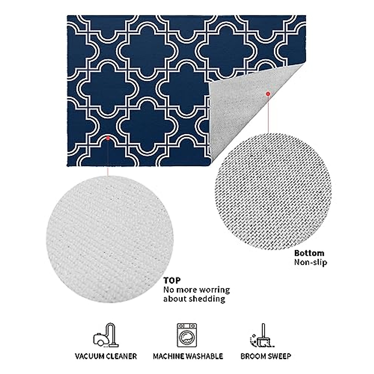 Front Entrance Floor Mats, Non Slip Bathroom/Kitchen Mat Absorbent Durable Small Rugs, Navy Geometric Moroccan Tile Pattern Door Mat Indoor/Outdoor Carpet Shoes Scraper 20x32 inch