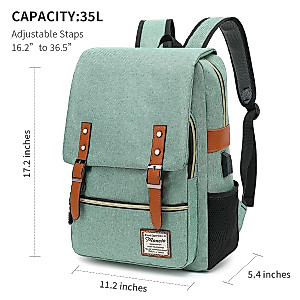 Mancio Vintage Slim Laptop Backpack for Women Men,Tear Resistant Business School College Bag with USB Charging Port, Green.