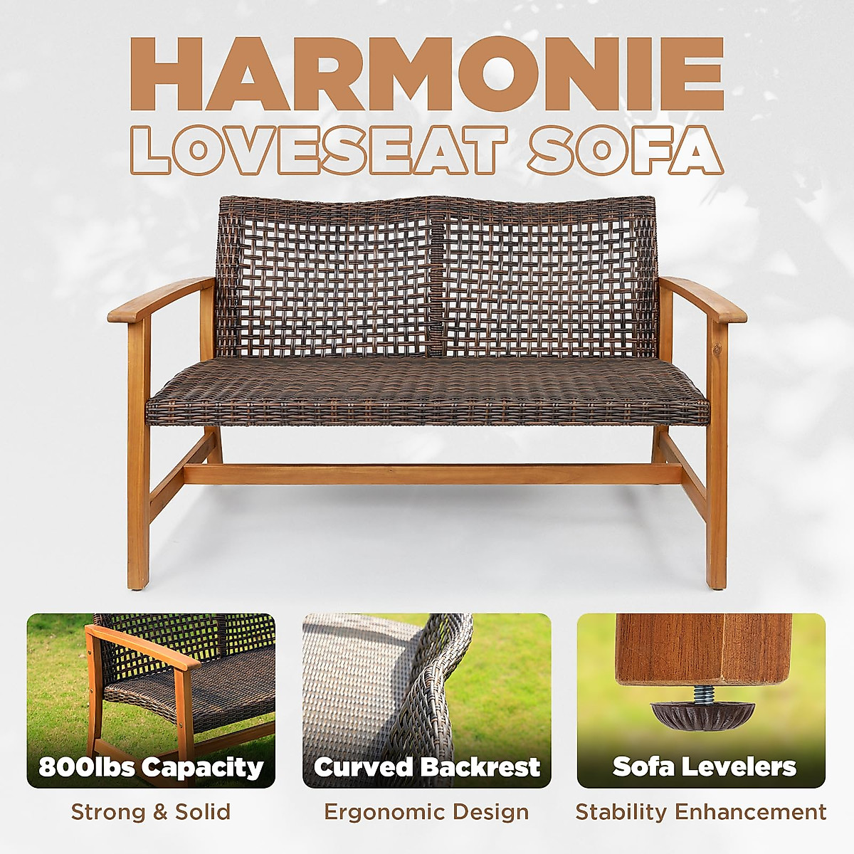 IDZO Harmonie 800lbs Capacity Outdoor Loveseat Furniture, FSC Certified Acacia Patio Sofa with Upgraded 2000 Hours UV Resistant Wicker, Teak Finish Porch Couch