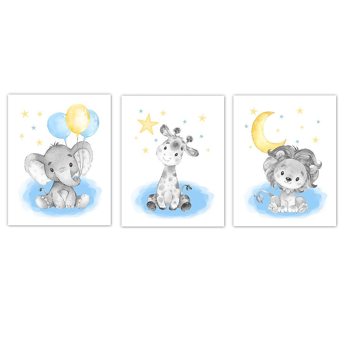 Baby Boy Nursery Wall Art Elephant Safari Animals Giraffe Lion Decor 3 UNFRAMED PRINTS