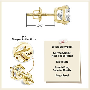 Everyday Elegance Solid 14K Yellow Gold Cubic Zirconia Stud Earrings for Women in Round Cut | Screw Back Earring | 2 CTW CZ | With Gift Box
