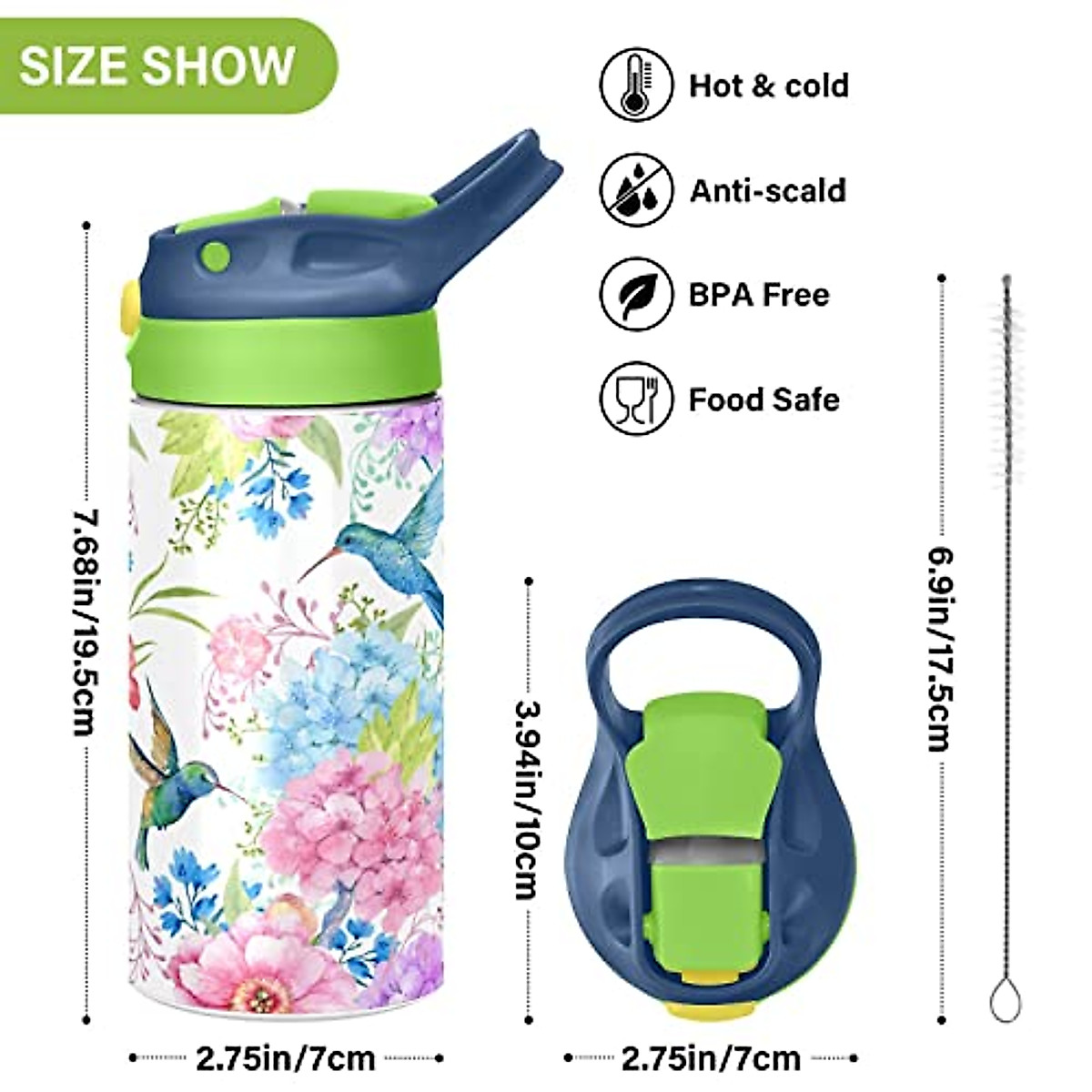 Flower Birds Kids Water Bottle with Straw Lid - 12 oz Double Wall Vacuum Insulated Stainless Steel Water Bottle Leak Proof Reusable Thermos for Toddlers, Girls, Boys