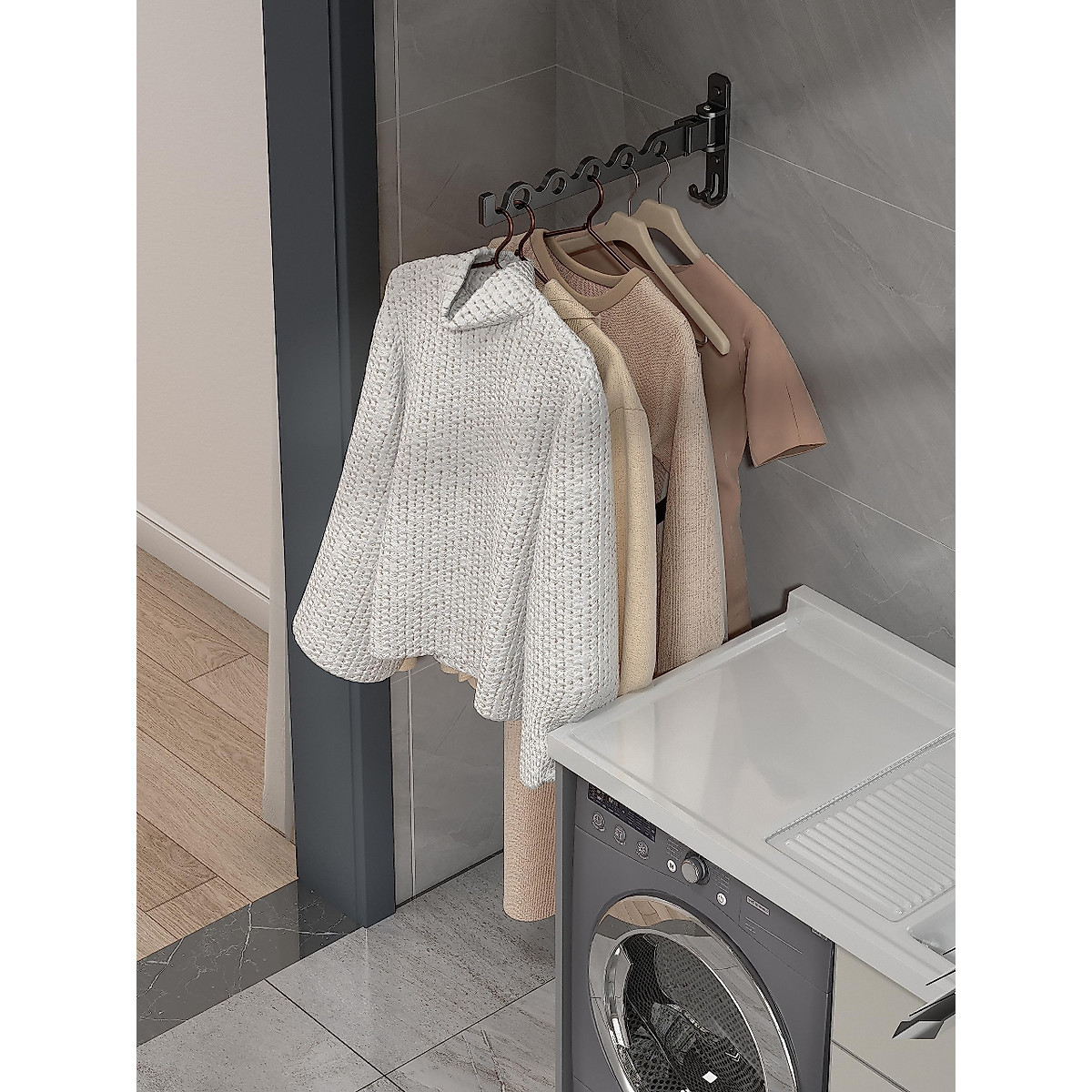 Dr.DJ Wall Hanger for Clothes, Coat Hanger Wall Mounted Matte Black Retractable Clothes Drying Organizer Rack Garment Hooks Aluminium Folding Indoor Wall Hanger Space Saver (2 Racks) Black