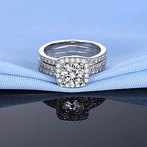 Gemsme 18K White Gold Plated Three-in-One Wedding Engagement Eternity Rings Halo Cubic Zirconia Bridal Rings Set (8)