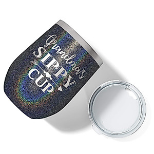Grandmas Sippy Cup Gift for Women Birthday on Black Glitter 12 oz Insulated Wine Tumbler