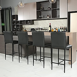 Modern Leather Bar Stools Set of 4 - Counter Height Industrial Bar Stools for Kitchen Island - High Dining Room Chairs with Soft Back Patio Furniture Chairs for Home Garden Pub Bar Backyard (Black)