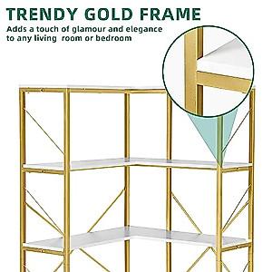 YITAHOME Corner Bookshelf, Gold Corner Shelf 5 Tier Bookcase, Large Display Rack Storage for Bedroom, Living Room, Home Office,White&Gold
