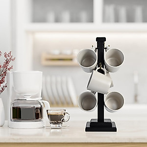 EMASON Rustic Coffee Mug Tree Stand, Solid Wood Holder for 6 Mugs, Space-Saving Kitchen Organizer, Stylish and Sturdy Cup Display Rack, Black