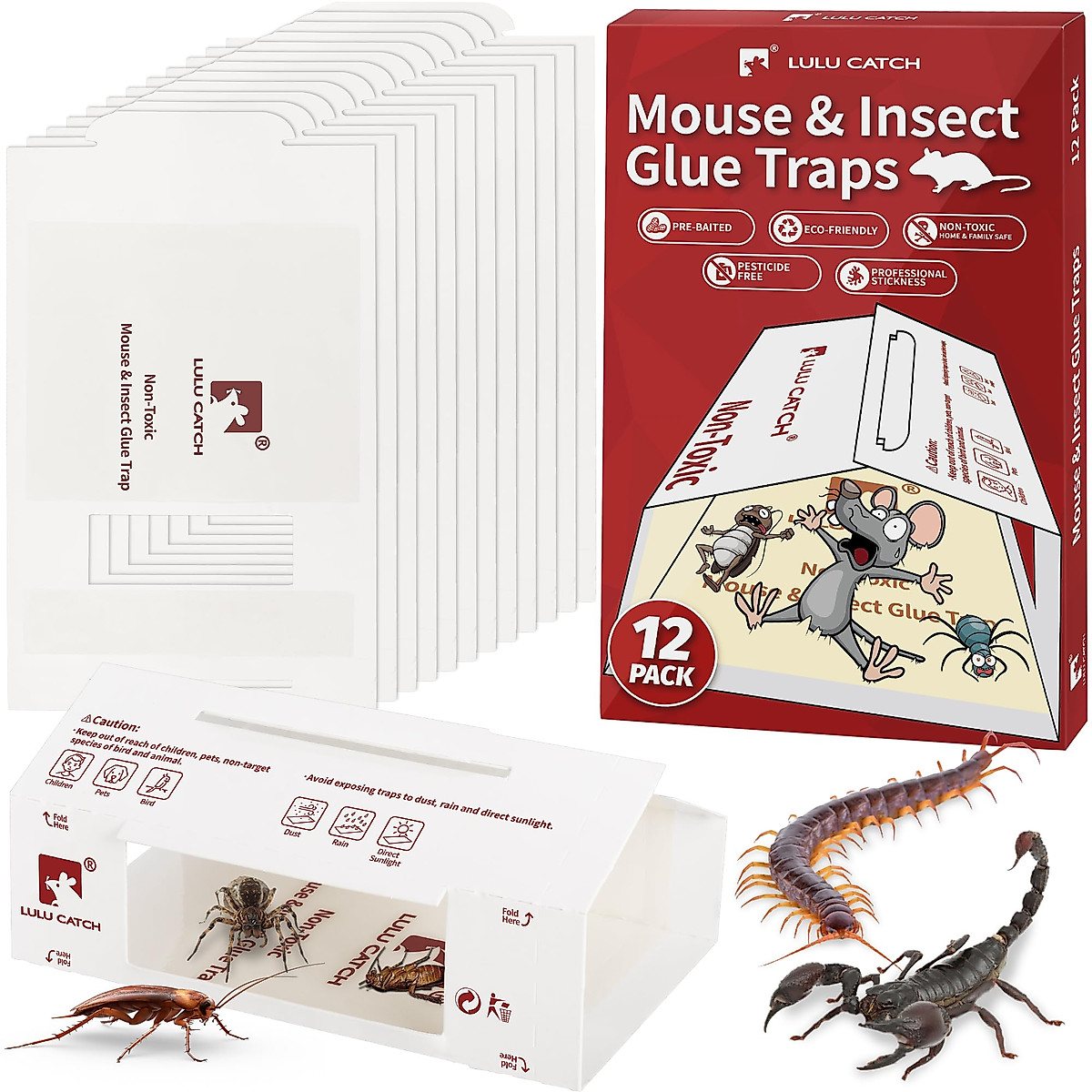 LULUCATCH Spider & Insect Glue Traps,12 Pack Pre-baited Sticky Glue Boards, Foldable Non-Toxic Bulk Spider Cricket Traps, Adhesive Bug Catcher Traps Indoor for Cockroach, Scorpions, Flea, Centipedes