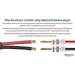 Nakamichi Excel Series 24k Gold Plated Banana Plug 12 AWG - 18 AWG Gauge Size 4mm for Speakers Amplifier Hi-Fi AV Receiver Stereo Home Theatre Radio Audio Wire Cable Screw Connector 4 Pcs (2-Pairs)