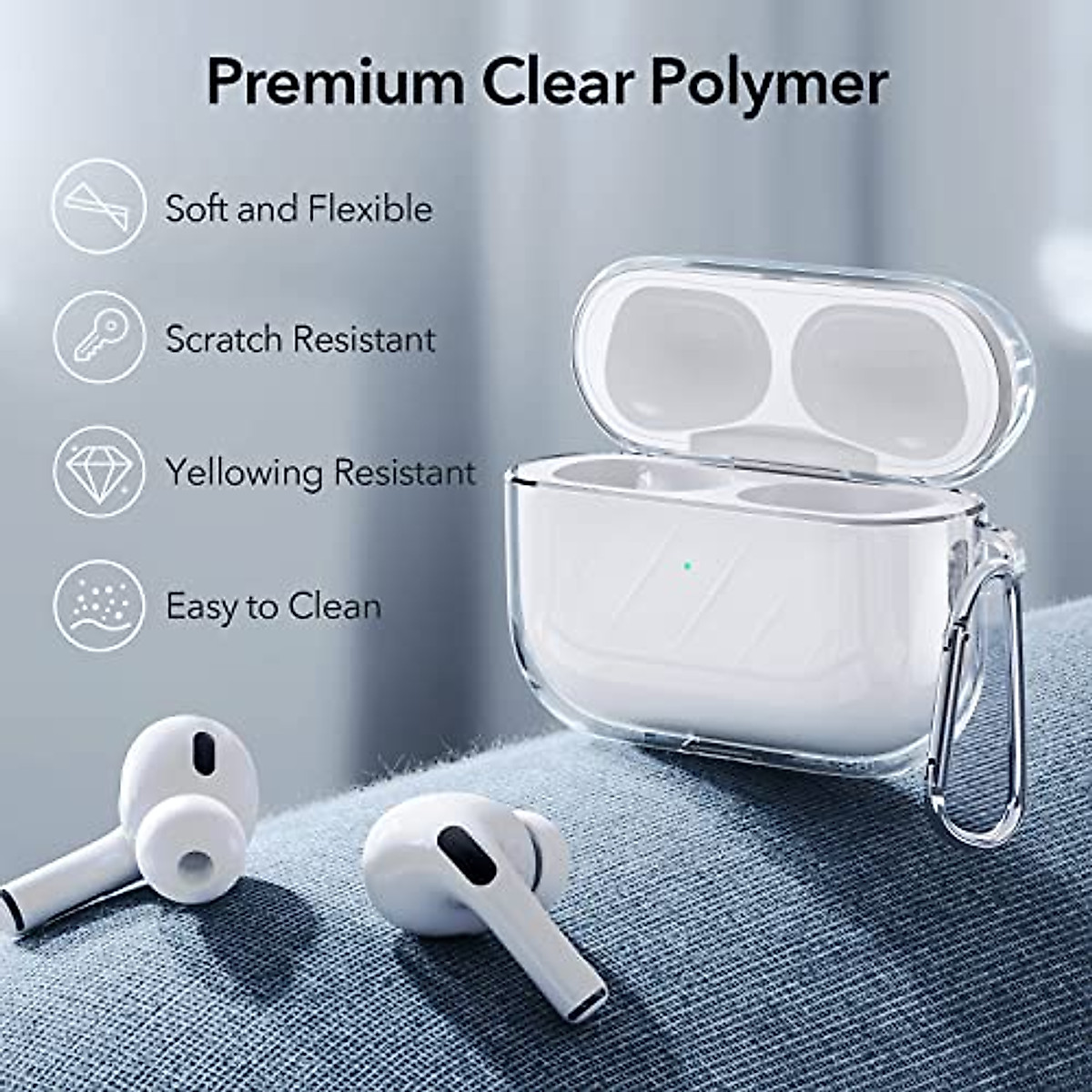 ESR Air Ripple Carrying Case Compatible with AirPods Pro (2nd Generation/1st Generation), Clear Protective TPU Cover with Carabiner, Supports Wireless Charging, Case for AirPods Pro 2, Clear