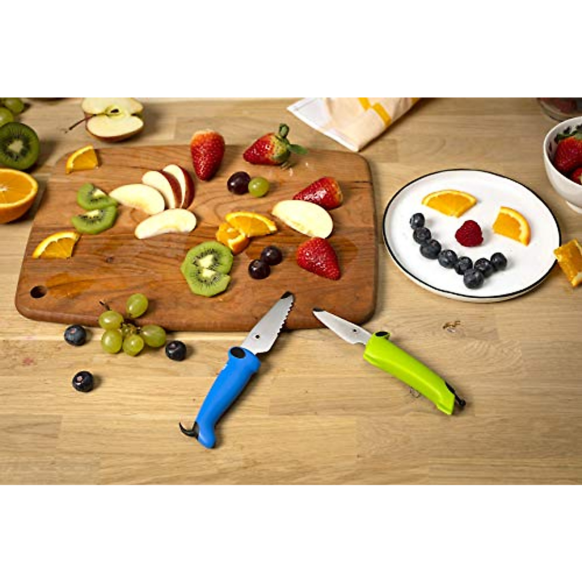 Kuhn Rikon KinderKitchen Children’s Knife, Set of 3 - Including Scissors, Green, Blue & White