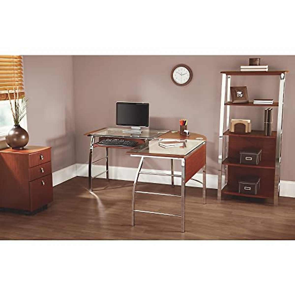 Realspace® Mezza 62"W L-Shaped Desk, Cherry/Chrome